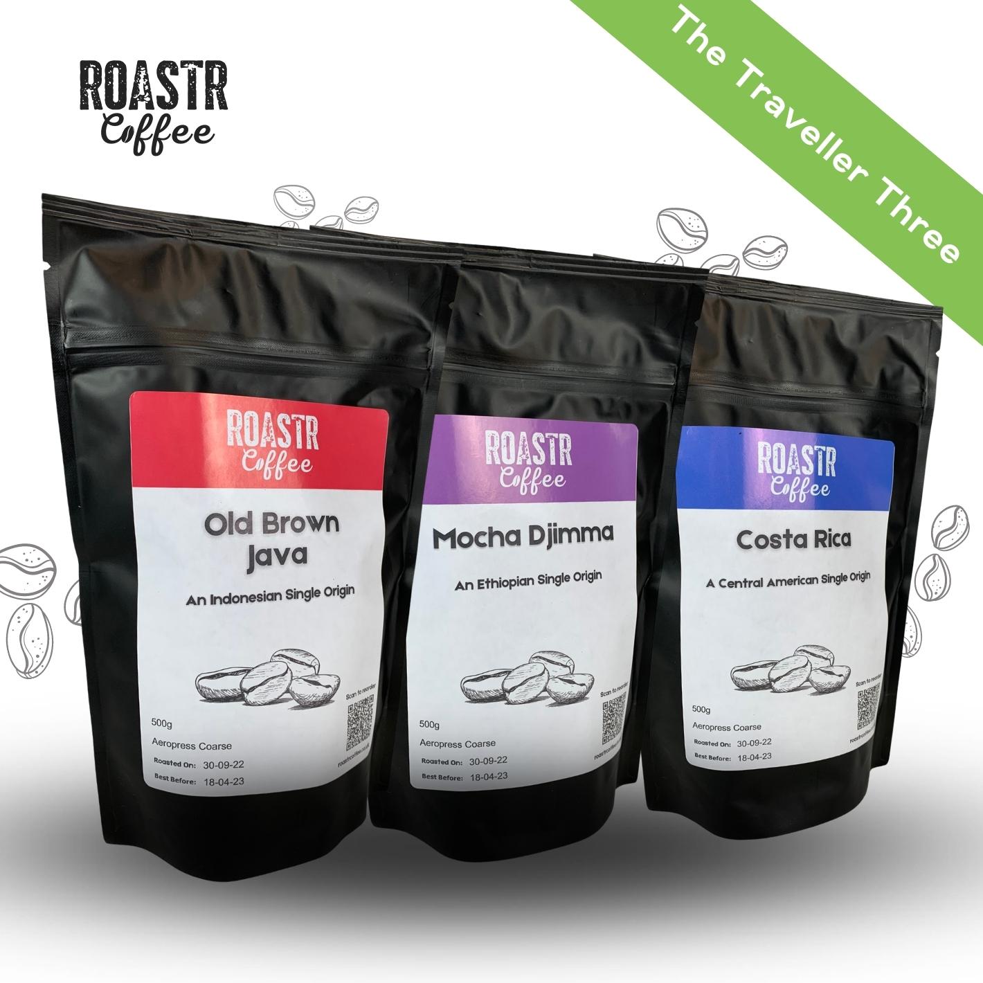 The Traveller - Three - Old Brown Java, Costa Rica, Ethiopian - Roastr Coffee